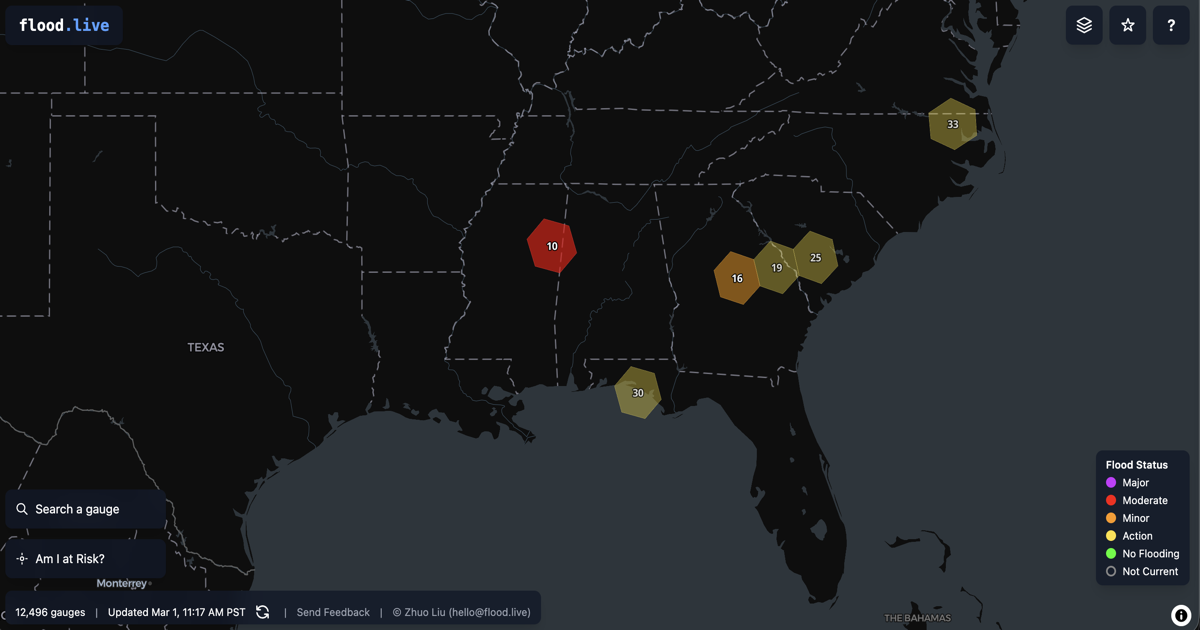 Real-Time US Flood Map — 12,000+ NOAA Flood Gauges